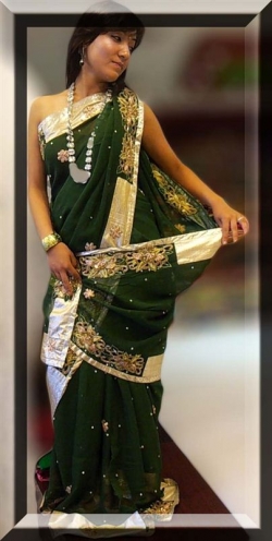 Bottly Green Color Saree With Contrast Silver Border And Gulion Work ...